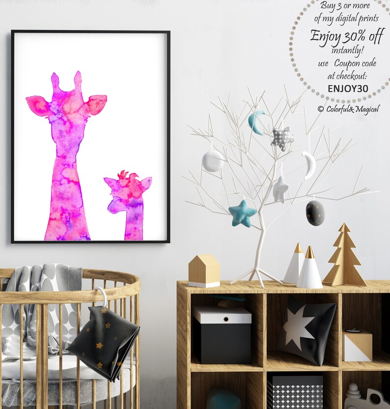 Pink Giraffe Print, Nursery Animals Prints, Pink Giraffe Girl, Kids ...