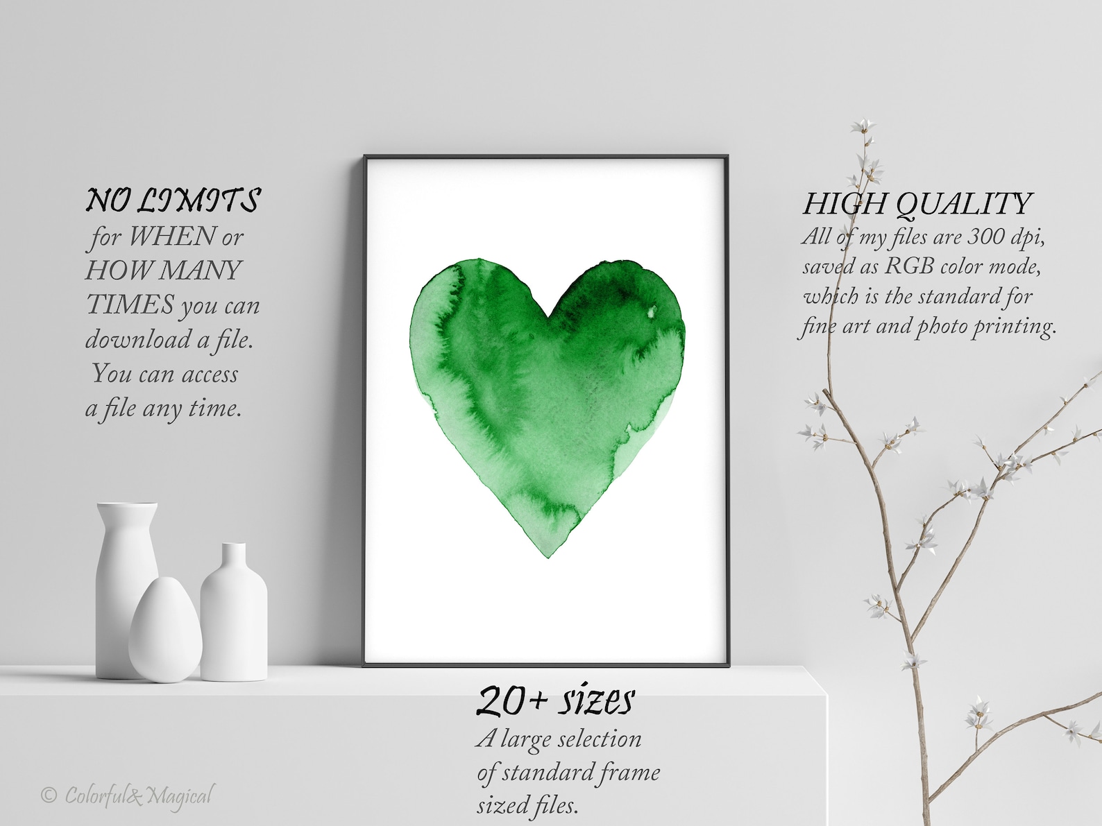 Green Heart Printable Poster, Home Wall Decor, Nursery Decor, Heart ...