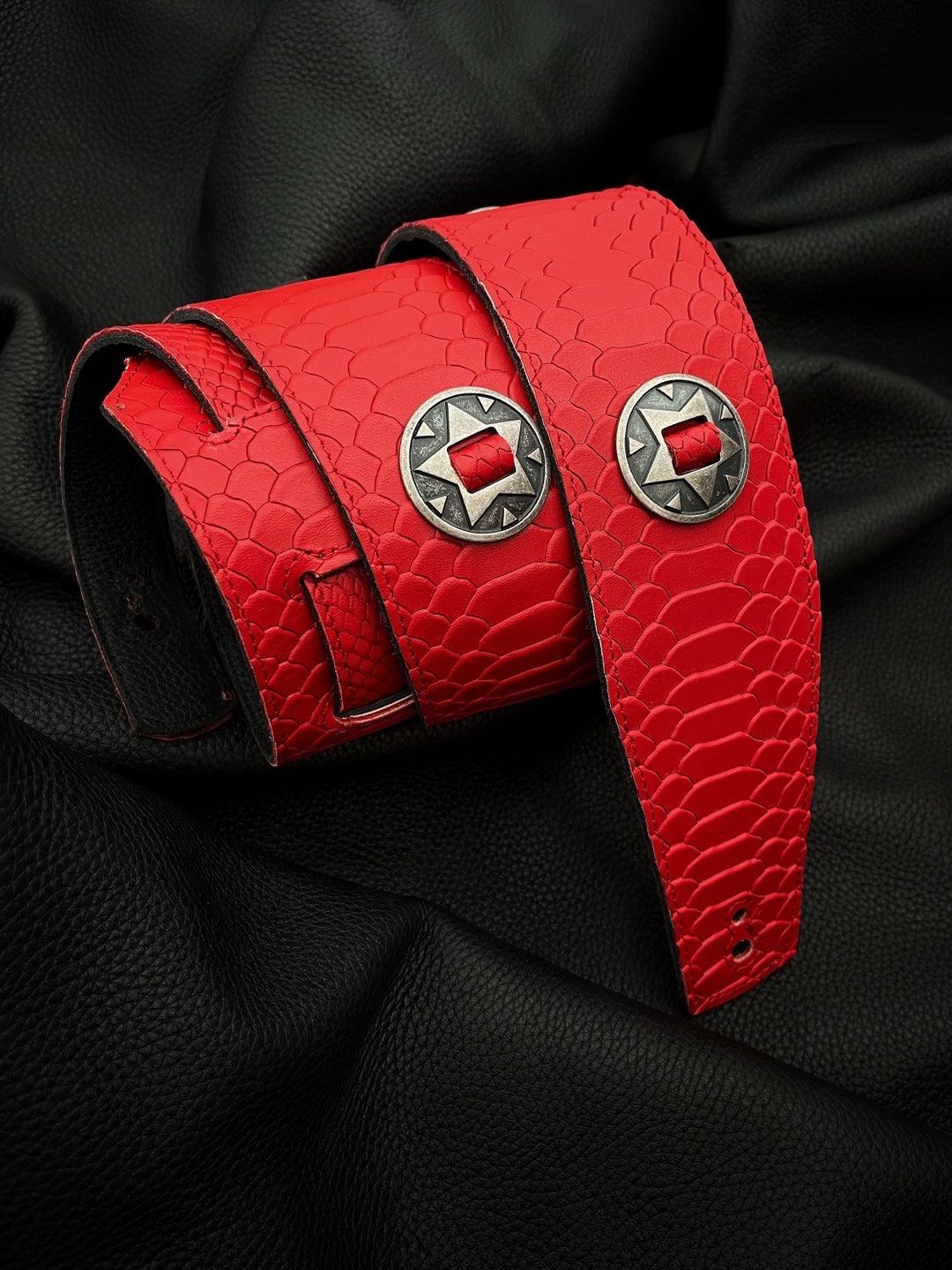 Red Snake Leather Guitar Strap, With Star Conchos - Etsy