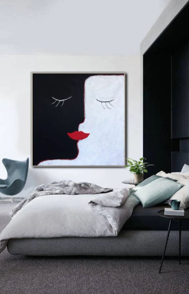 Large Minimalist Faces Painting – Black and White Figurative Acrylic ...