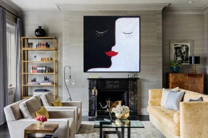 Large Minimalist Faces Painting – Black and White Figurative Acrylic ...