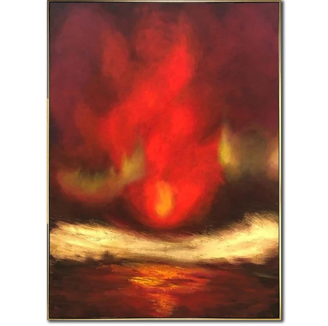 Large Abstract Red Sunset Paintings on Canvas Fiery Red and Gold Wall ...