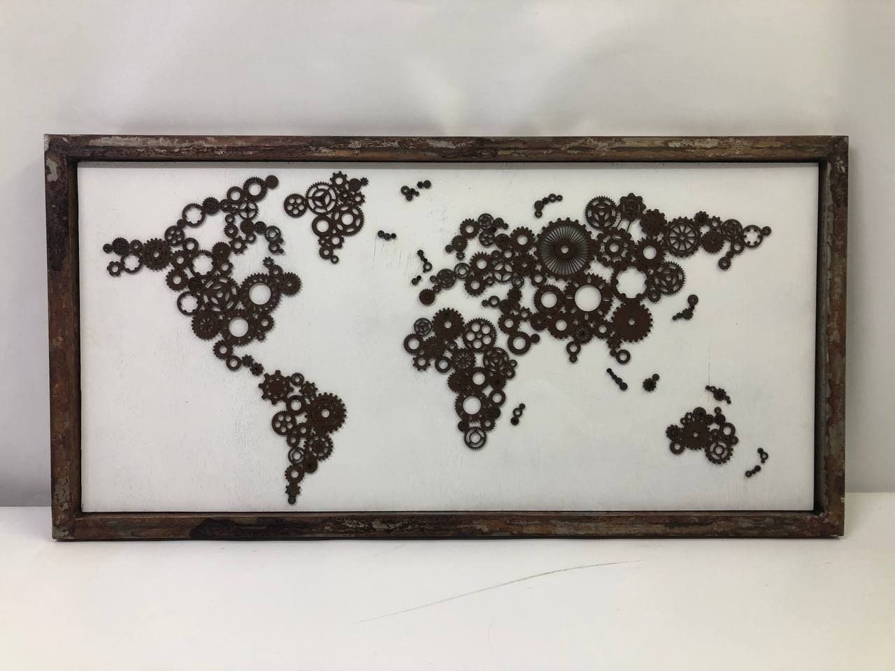 Metal Steampunk World Map Wall Art Wooden Map Metal Steampunk Gears Art ...