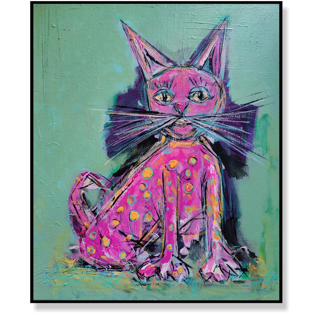 Whimsical Pink Cat Art Abstract Feline Painting Playful Colorful Wall ...