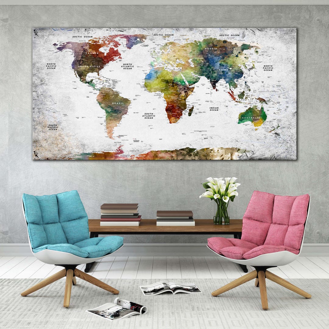 Colorful World Map Canvas Print Watercolor Style Art Modern Multi Panel ...