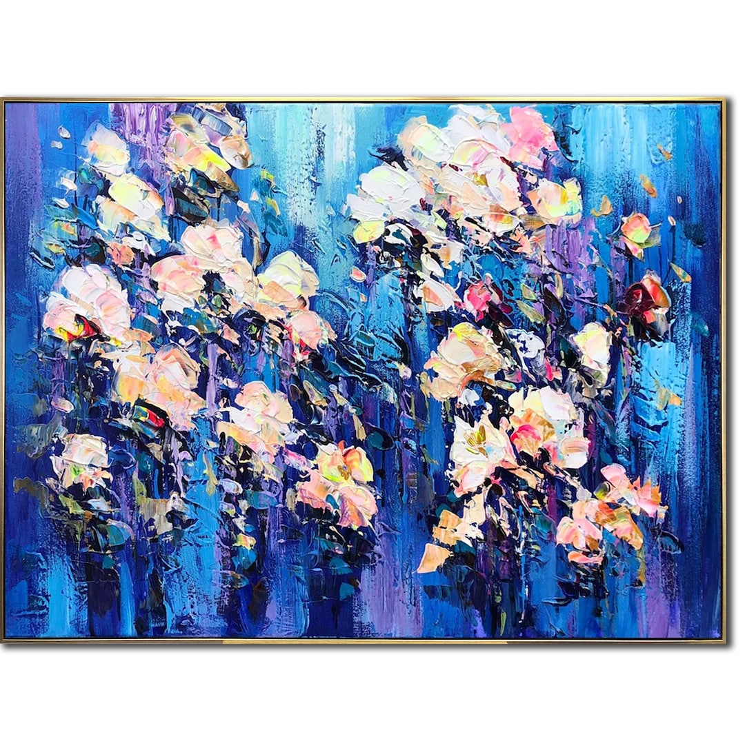Large Floral Abstract Painting on Canvas Vibrant Blue and Pink Flower ...