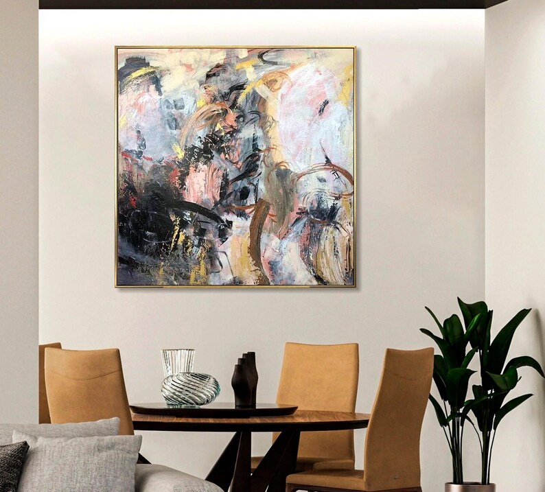 Large Abstract Expressionist Painting – Beige, Black & Neutral Textured ...