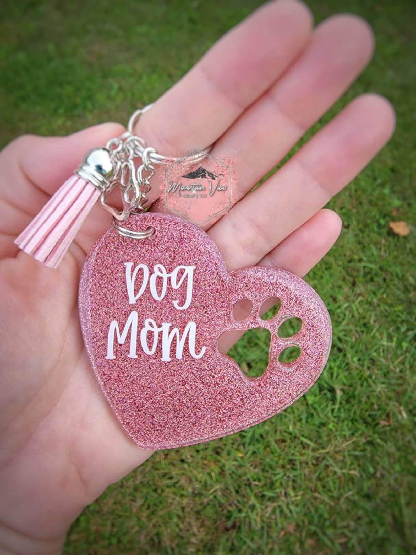 Customizable Dog Mom Heart With Paw Print Cut Out Glitter Keychain ...