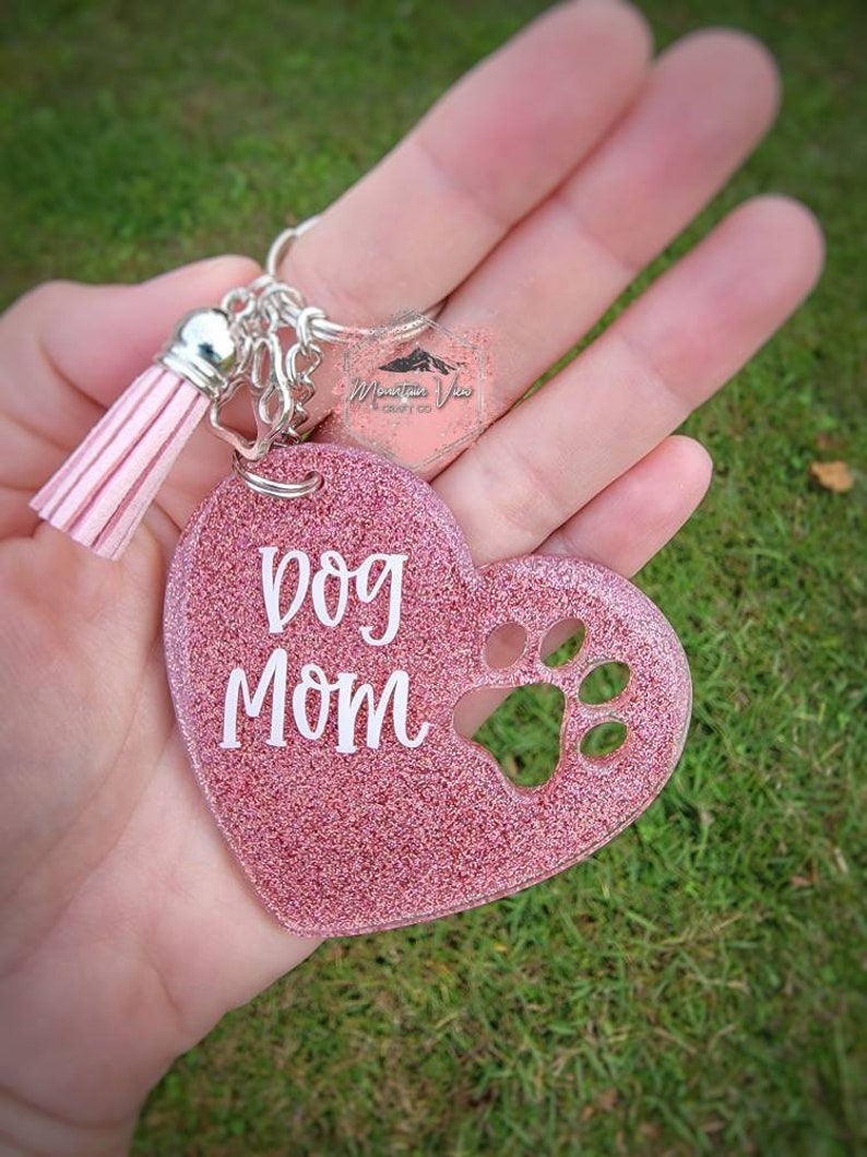 Customizable Dog Mom Heart With Paw Print Cut Out Glitter Keychain ...