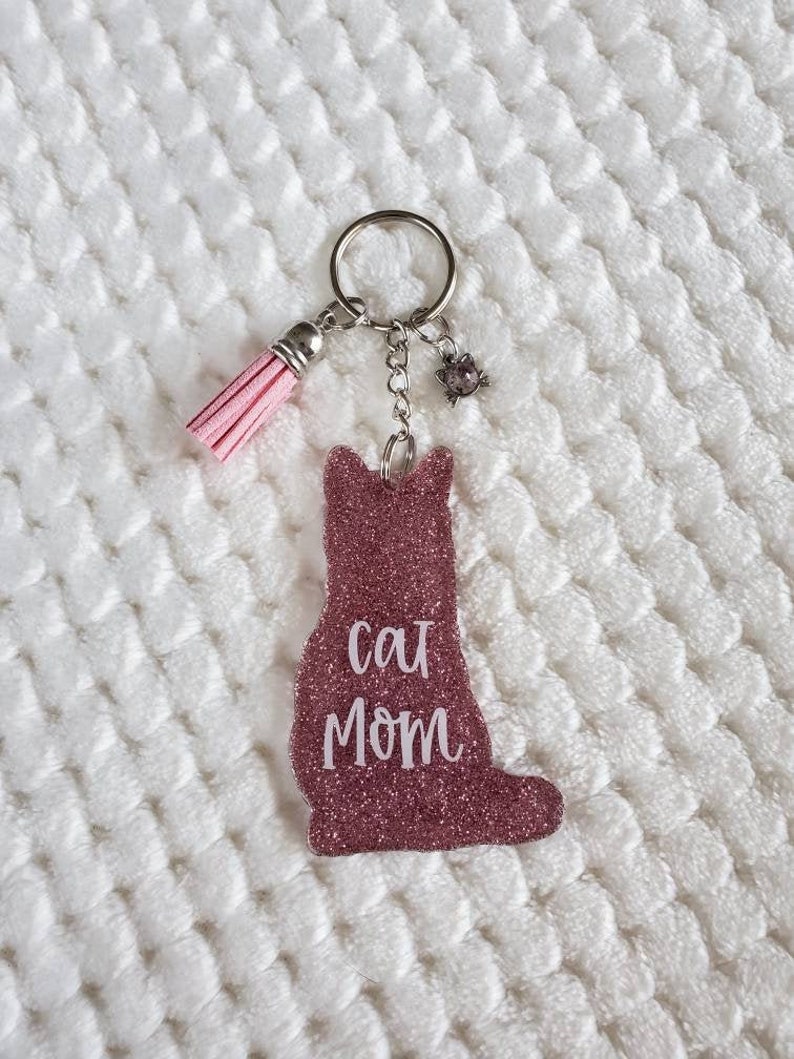 Customizable cat mom glitter keychain personalized cat mom | Etsy