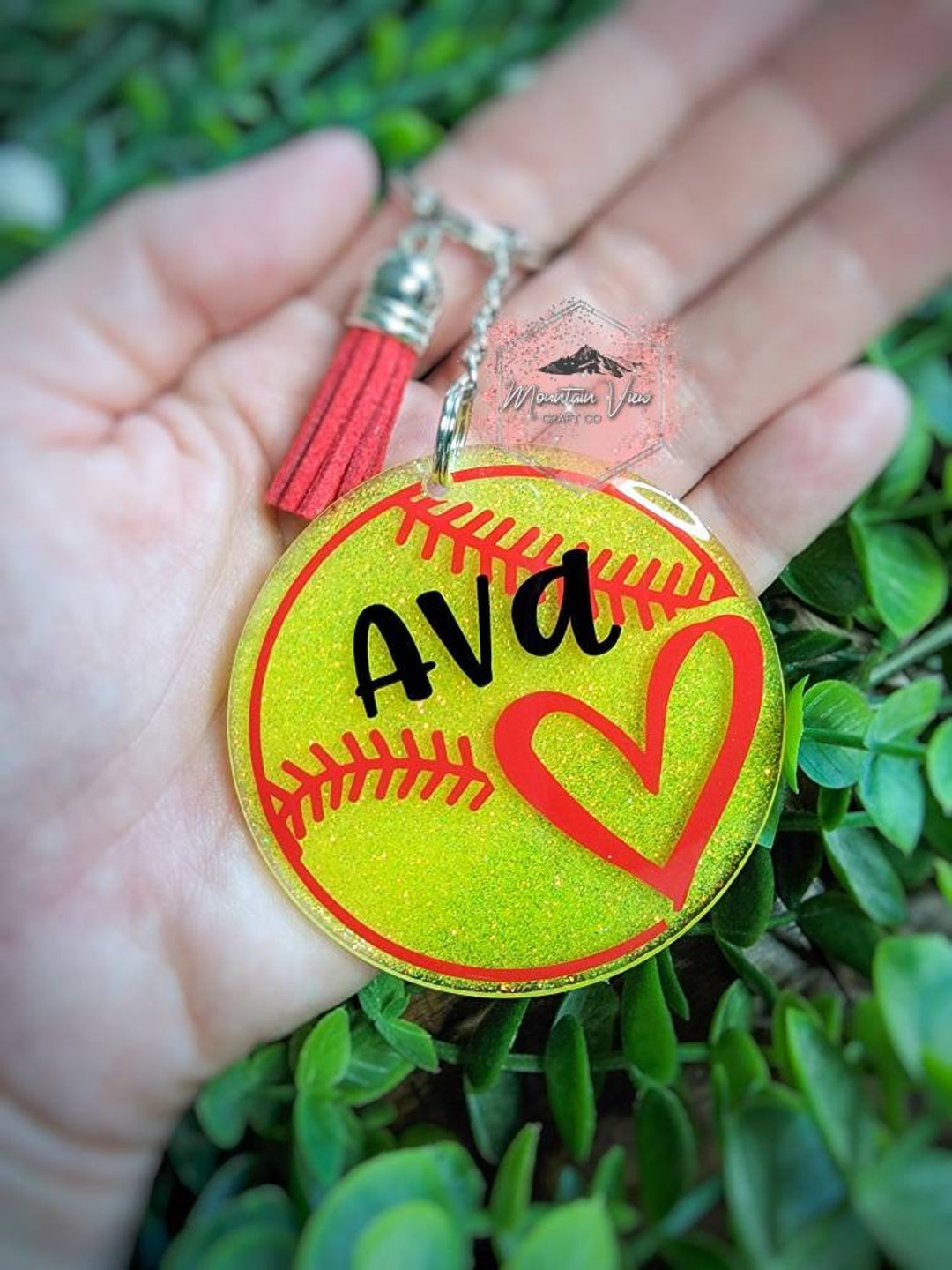 Personalized Softball Keychain, Glitter Softball Keychain, Softball ...