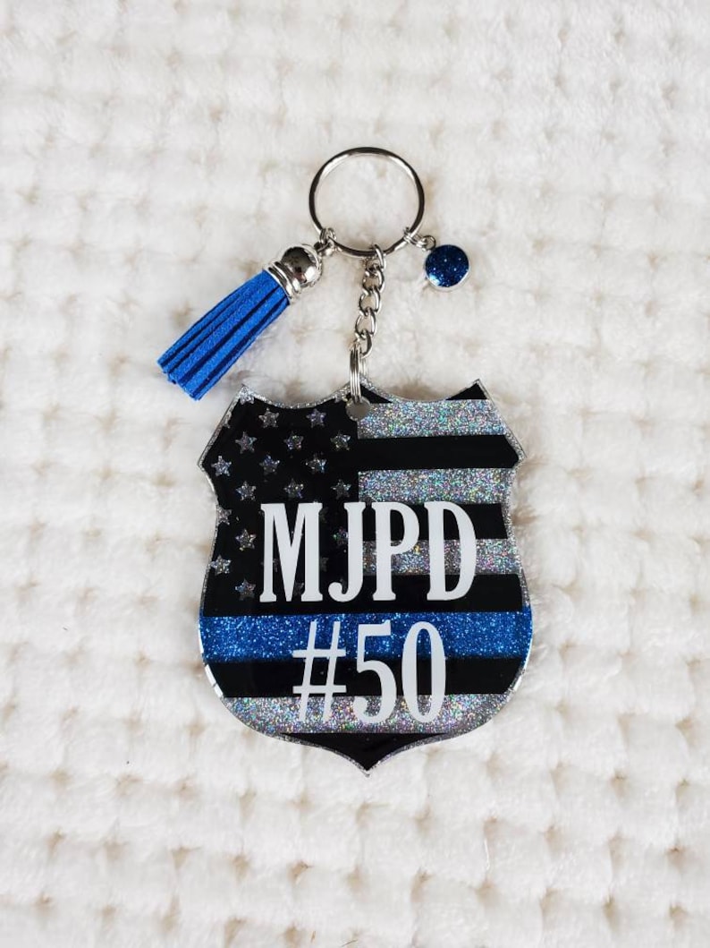 Personalized Thin Blue Line Glitter Keychain Police Badge | Etsy