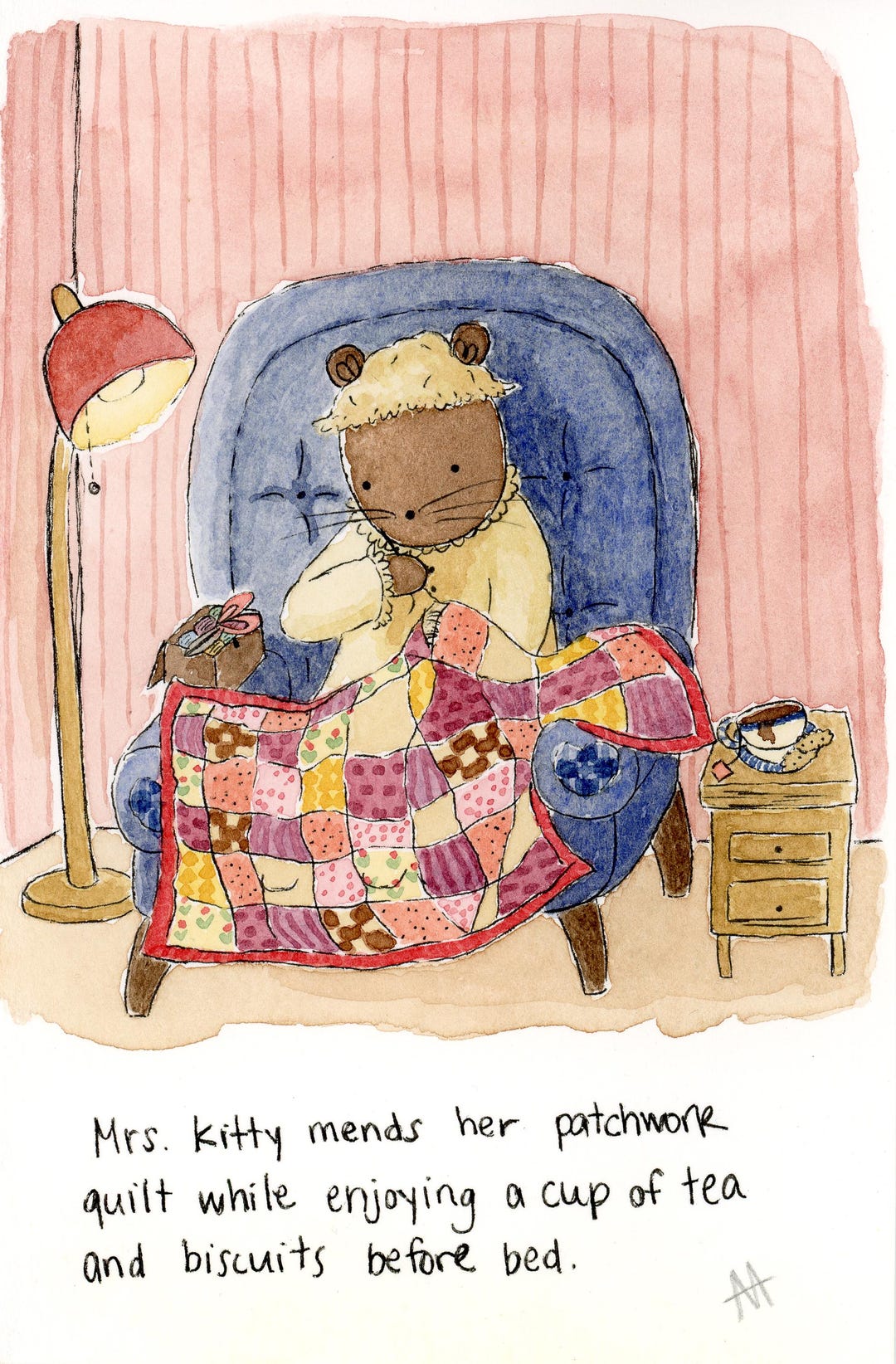 Original--mrs. Kitty Mending Her Quilt - Etsy