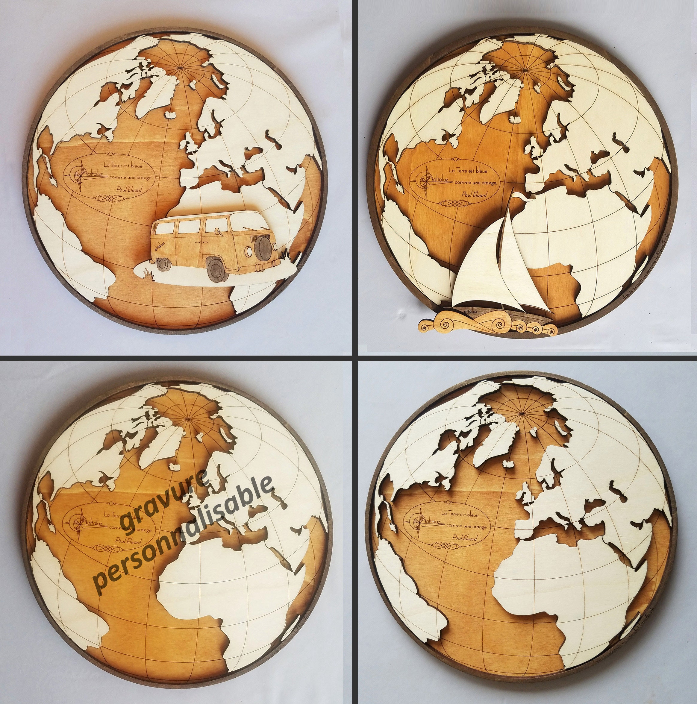 Carte du monde ronde en bois vue sur l'océan Atlantique | Etsy