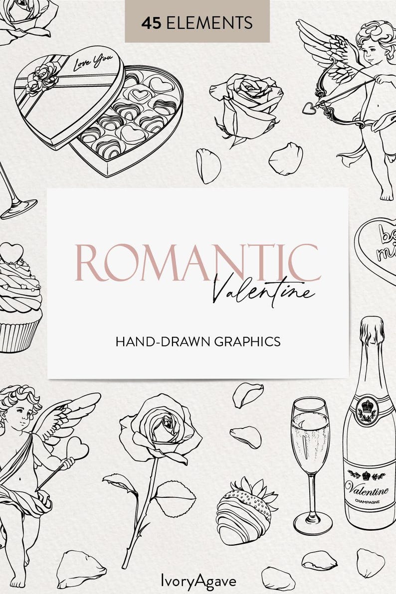 Romantic Valentine's Day Line Art Clipart Handdrawn Modern Graphic ...