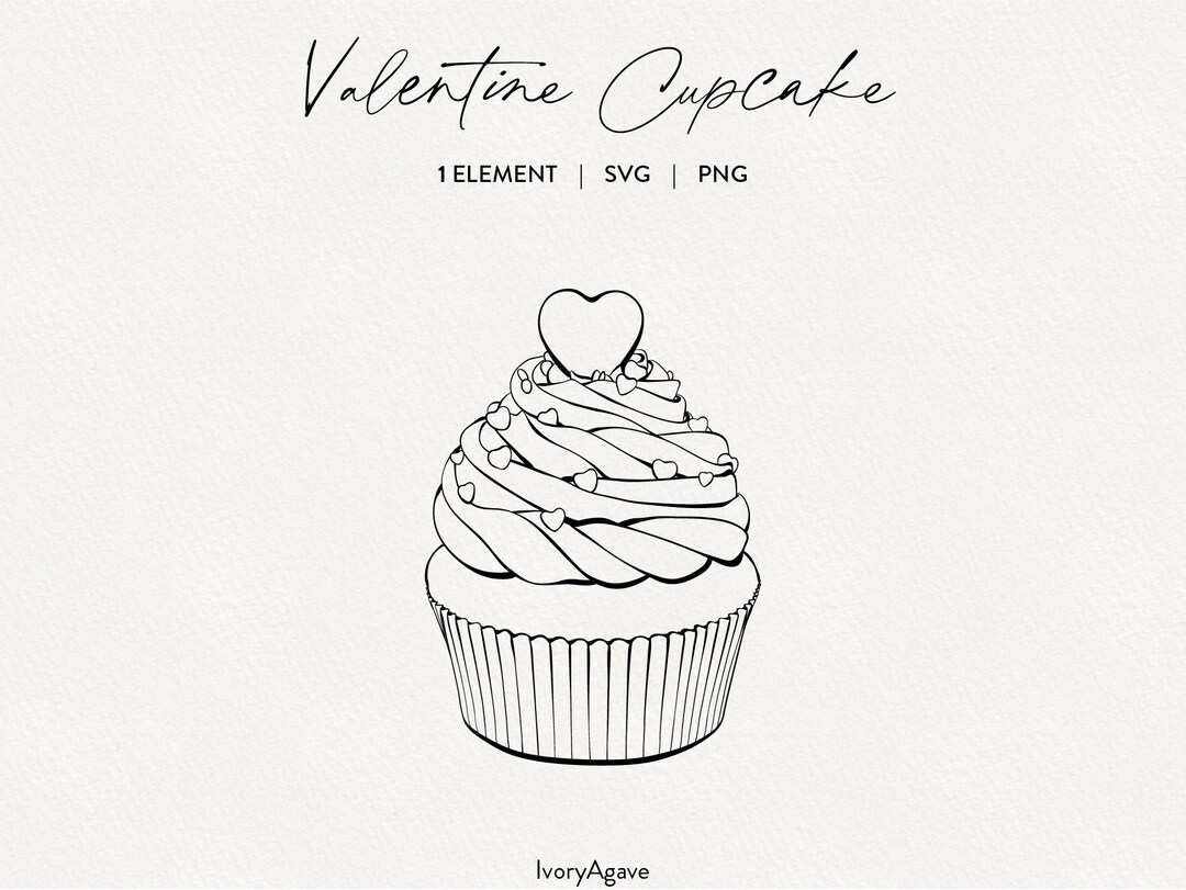 Valentine's Day Heart Cupcake Line Art Clipart Handdrawn Modern Graphic ...