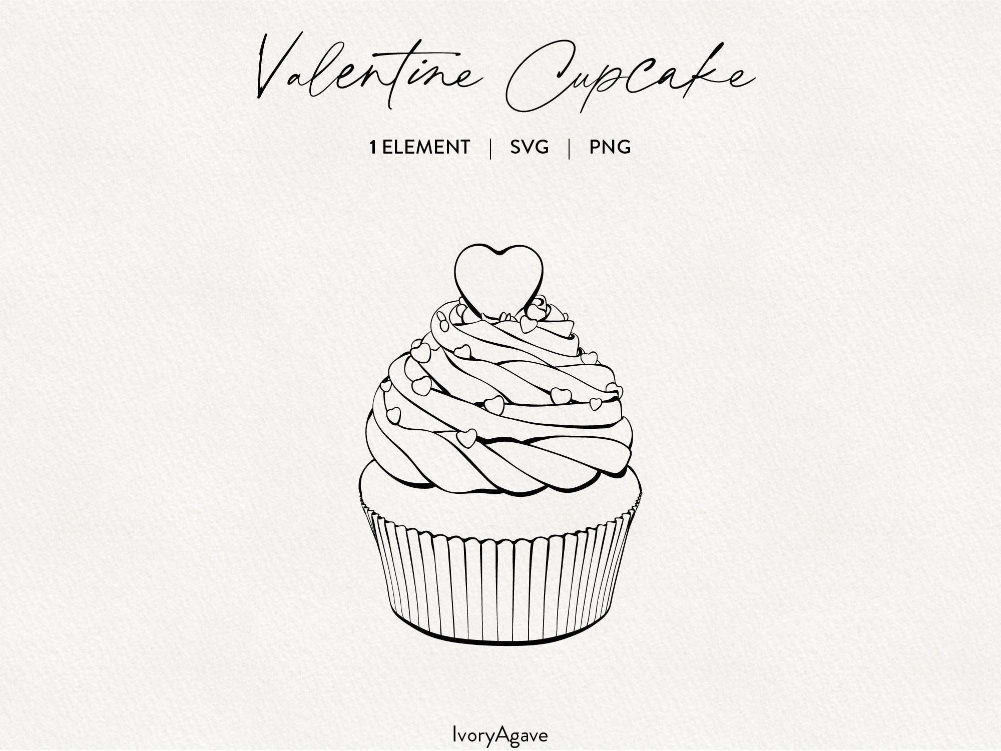 Valentine's Day Heart Cupcake Line Art Clipart Handdrawn Modern Graphic ...