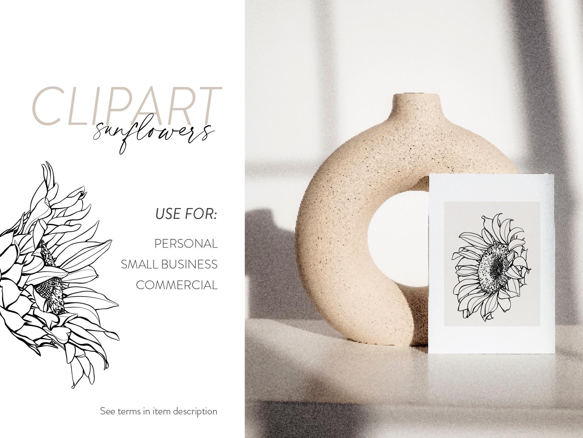 Sunflowers Line Art Clipart | Hand Drawn Floral Botanical Vector | Fine ...