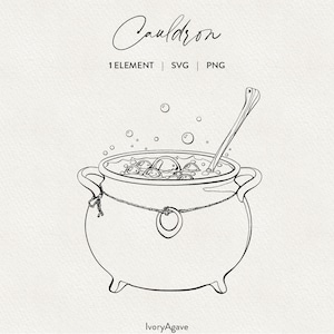 Halloween Witch Cauldron Line Art Clipart | Hand Drawn Vector | Fine ...
