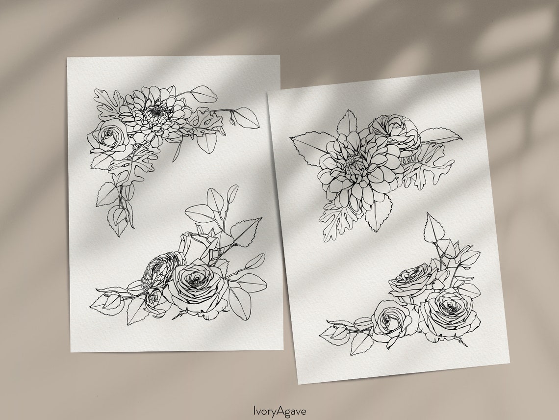 Dahlias and Roses Fall Floral Collection Line Art Clipart Autumn ...