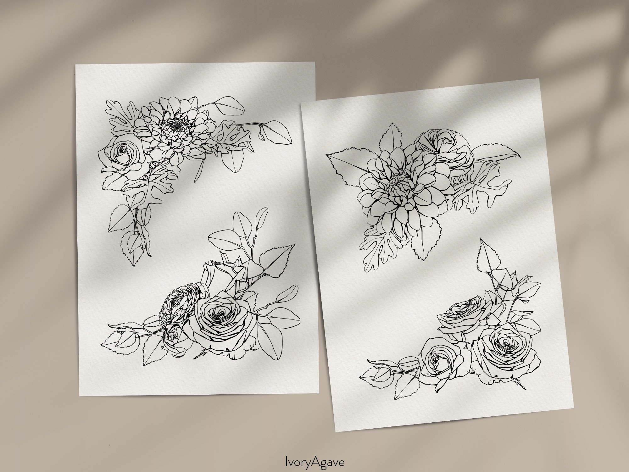 Fall Floral Collection Line Art Clipart Autumn Botanical Flowers Hand ...