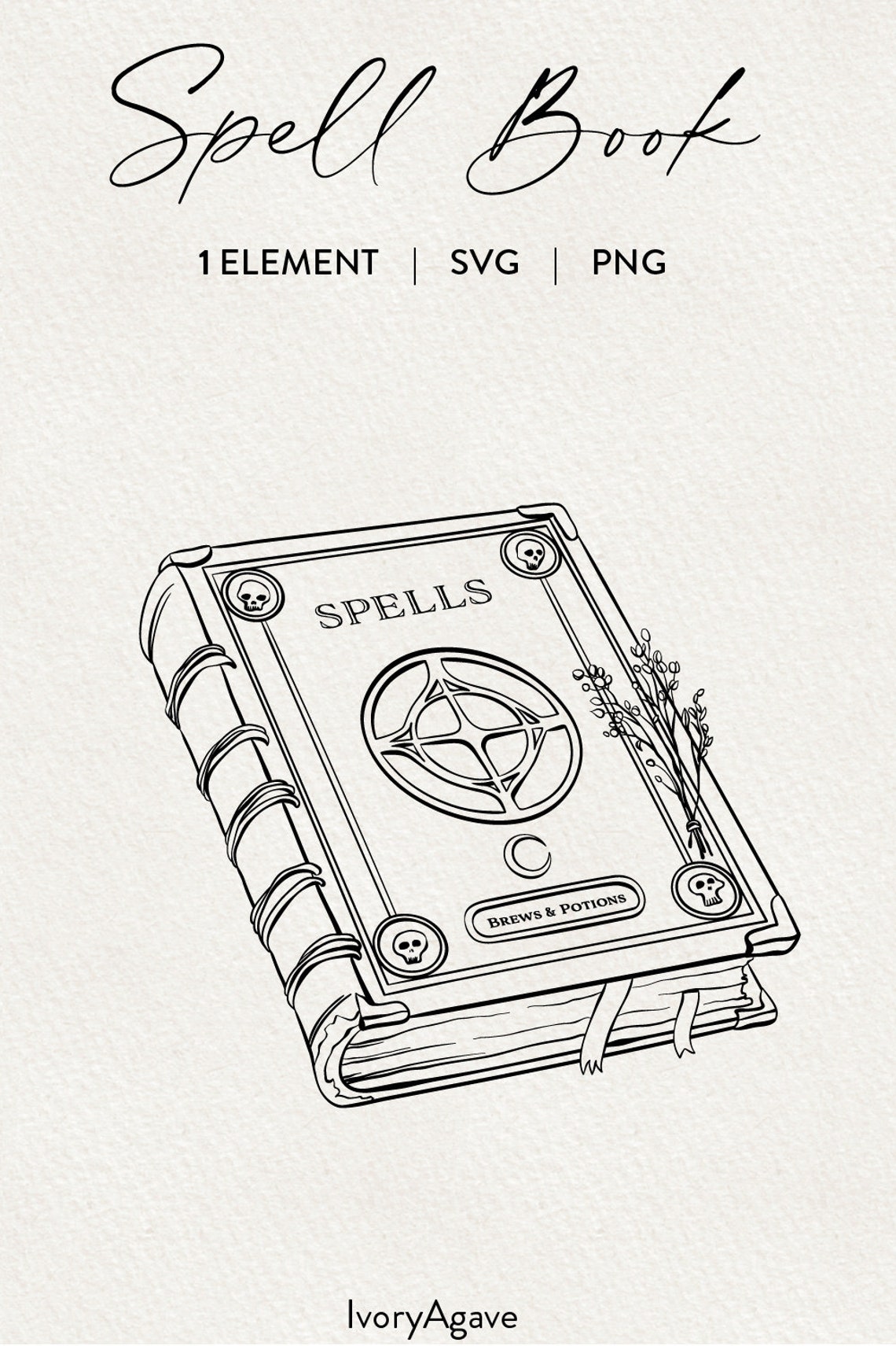 Halloween Witch's Spell Book Line Art Clipart | Hand Drawn Vector ...