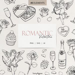 Romantic Valentine's Day Line Art Clipart Handdrawn Modern Graphic ...