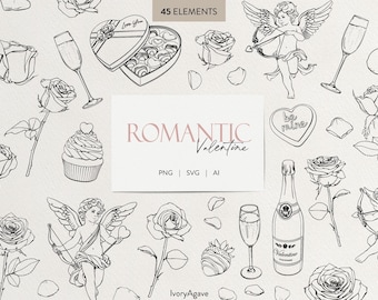 Valentine's Day Love Cupid Line Art Clipart Handdrawn Modern Graphic ...