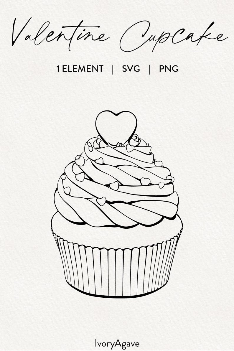 Valentine's Day Heart Cupcake Line Art Clipart Handdrawn Modern Graphic ...