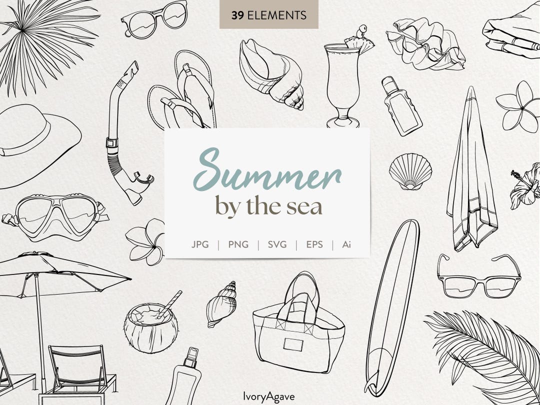 Summer Beach Line Art Illustration Drawing Modern Graphic Hand Drawn ...