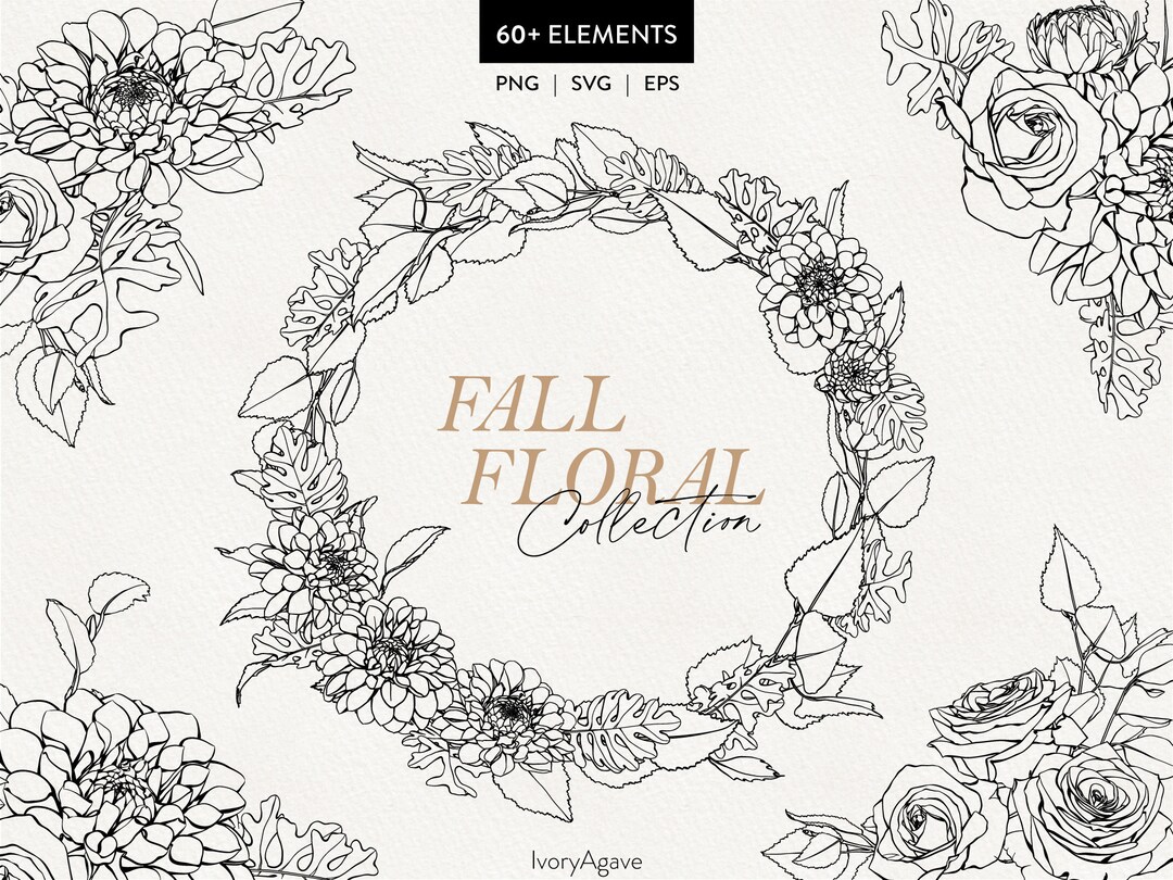 Fall Floral Collection Line Art Clipart Autumn Botanical Flowers Hand ...