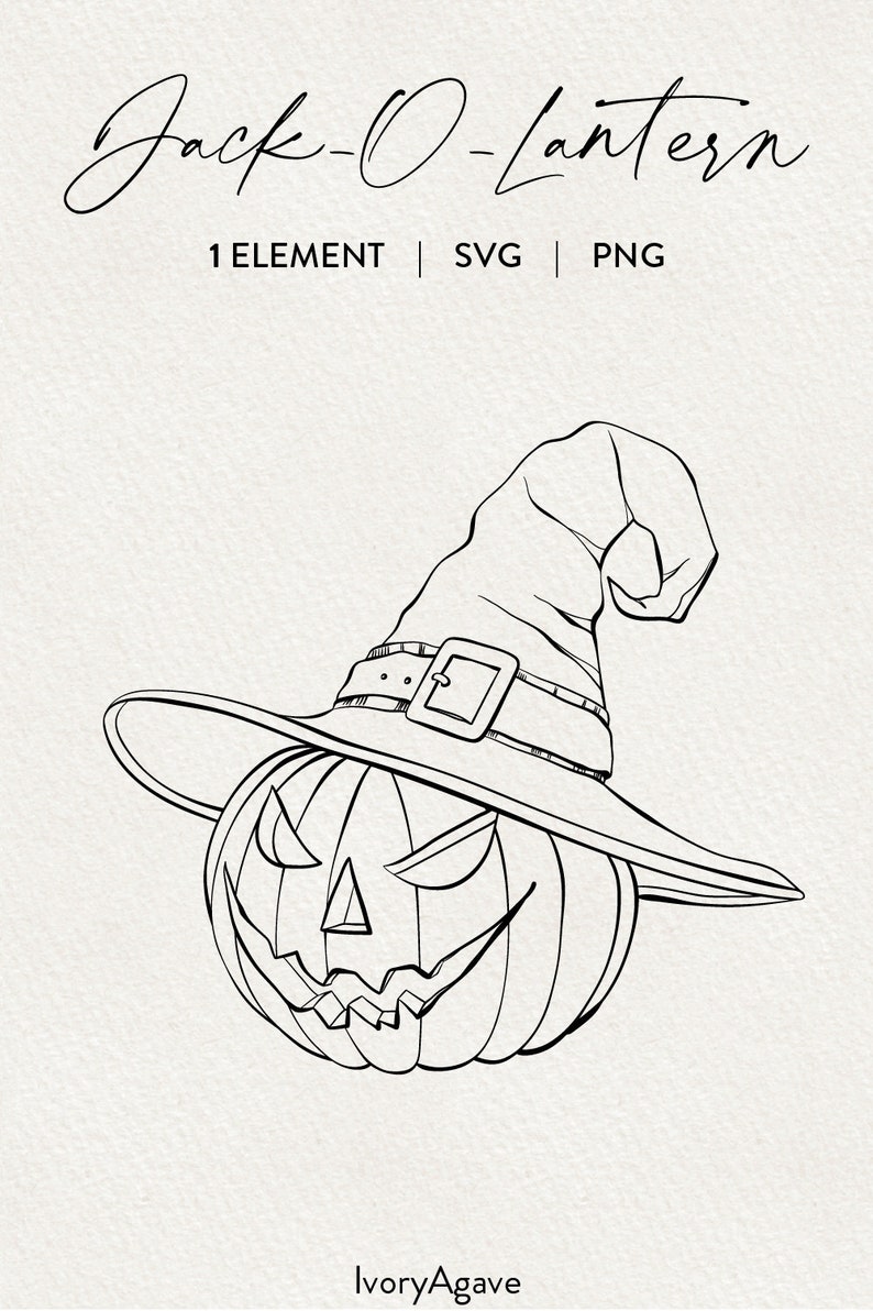 Halloween Jack-o-lantern Line Art Clipart Pumpkin With Witch Hat | Hand ...