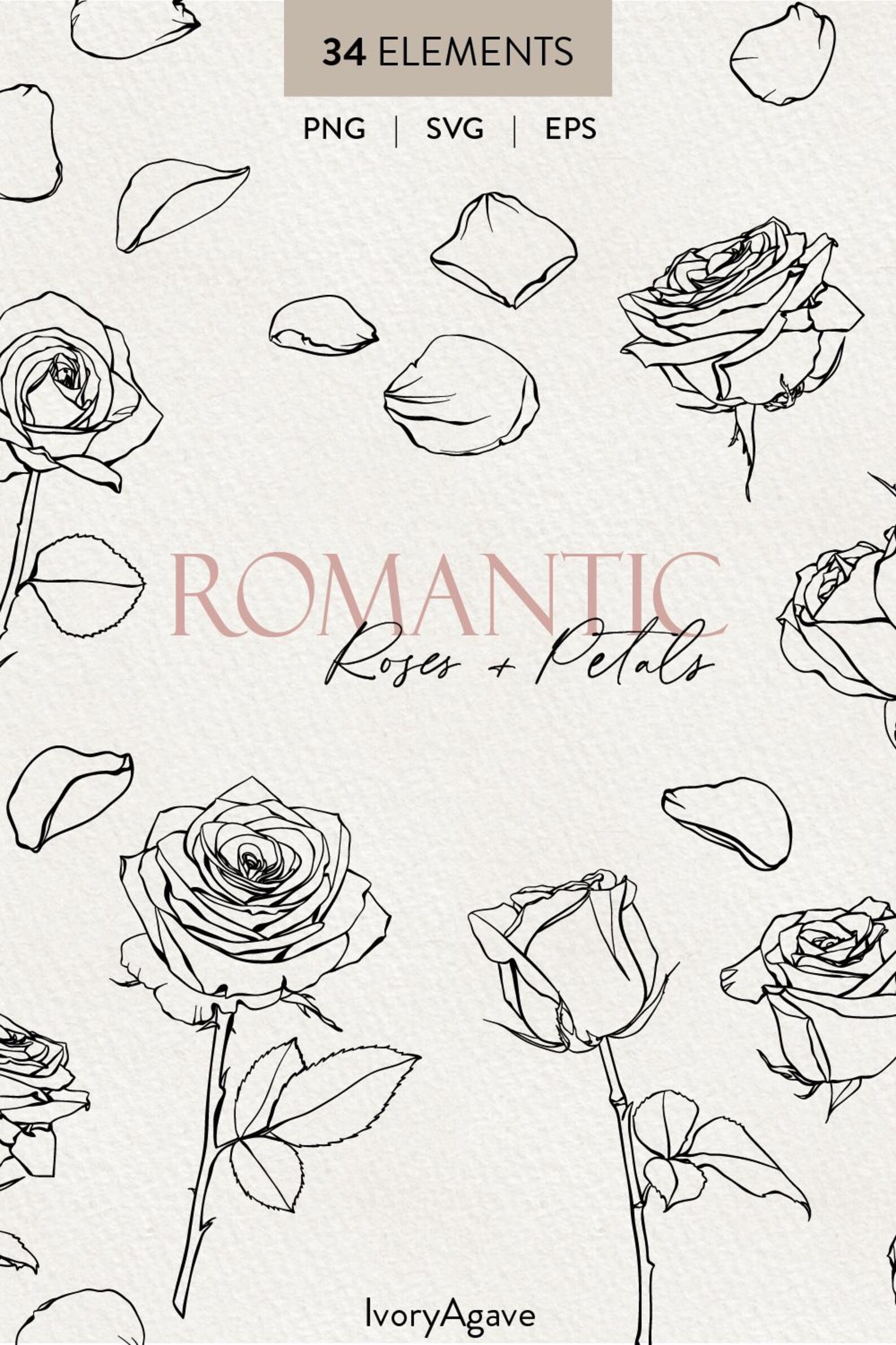 Valentine Rose Petals Line Art Clipart Botanical Flower Hand Drawn ...