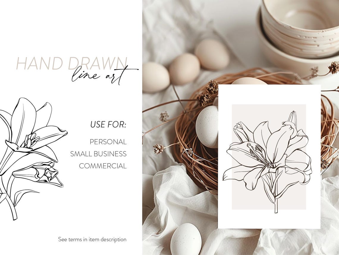 Easter Lily Flowers Line Art Clipart Modern Spring Easter Florals Hand ...