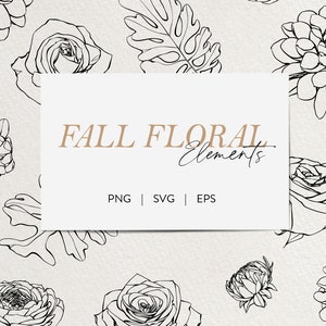 Fall Floral Line Art Clipart Elements | Autumn Botanical Flowers Hand ...