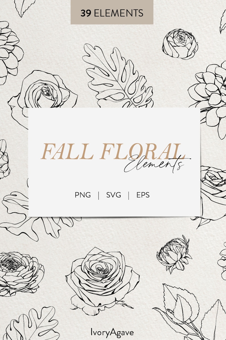 Fall Floral Line Art Clipart Elements | Autumn Botanical Flowers Hand ...