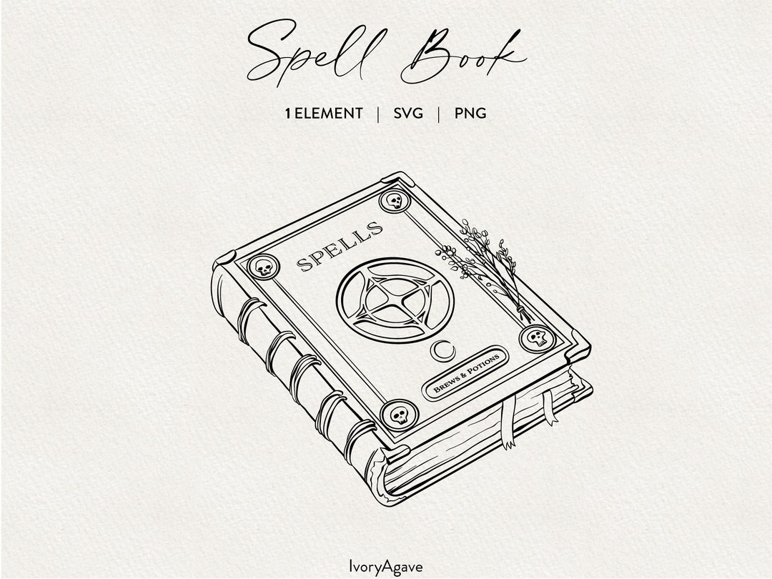 Halloween Witch's Spell Book Line Art Clipart | Hand Drawn Vector ...
