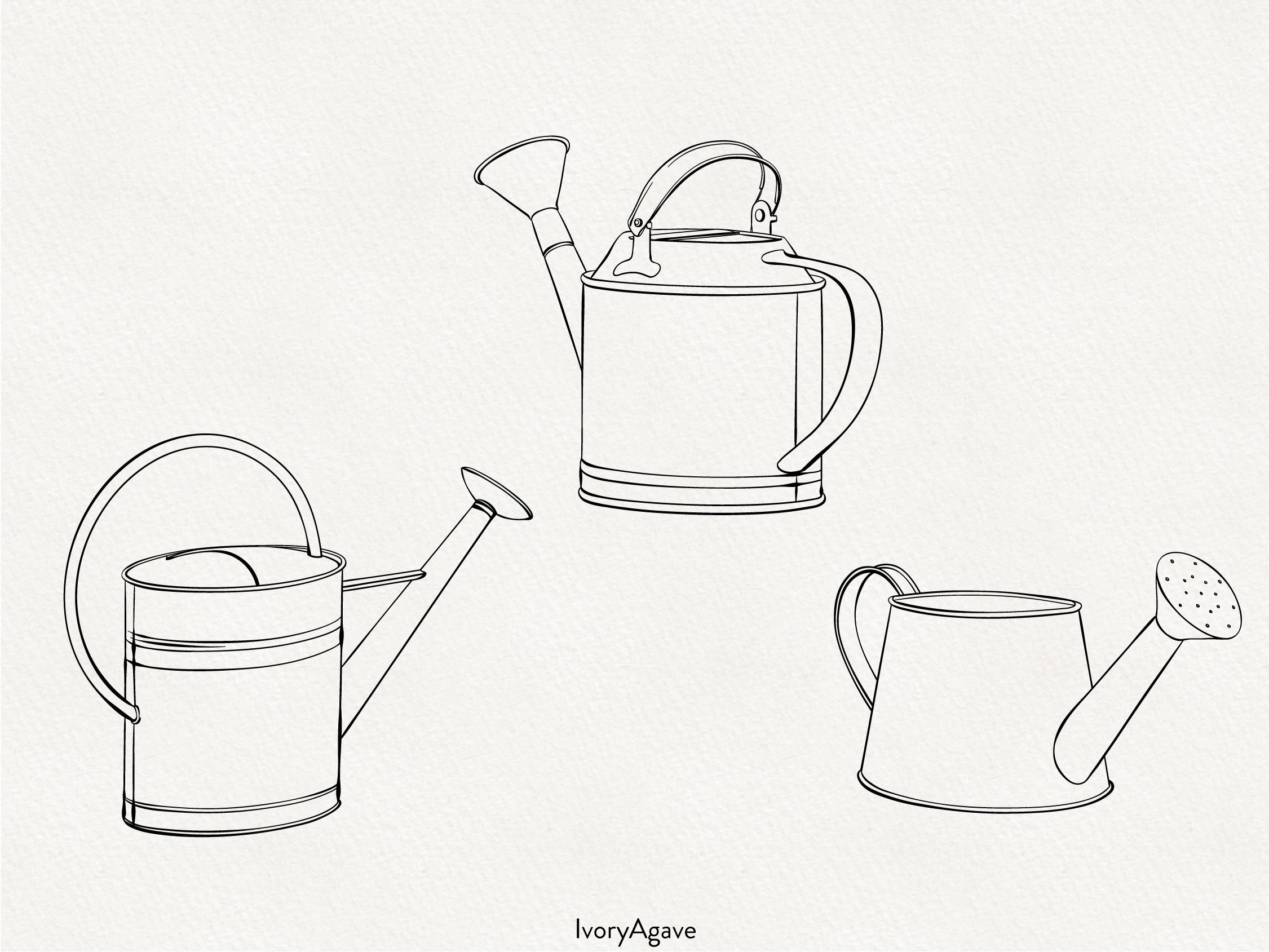 Watering Cans Line Art Clipart Modern Spring Garden Tools Hand Drawn ...