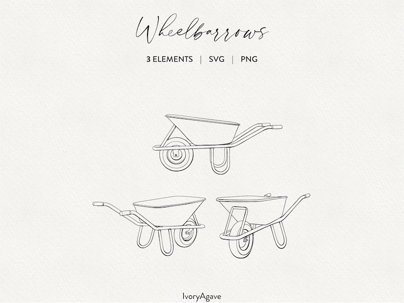 Gardening Wheelbarrow Line Art Clipart Spring Yardwork Tools Hand Drawn ...