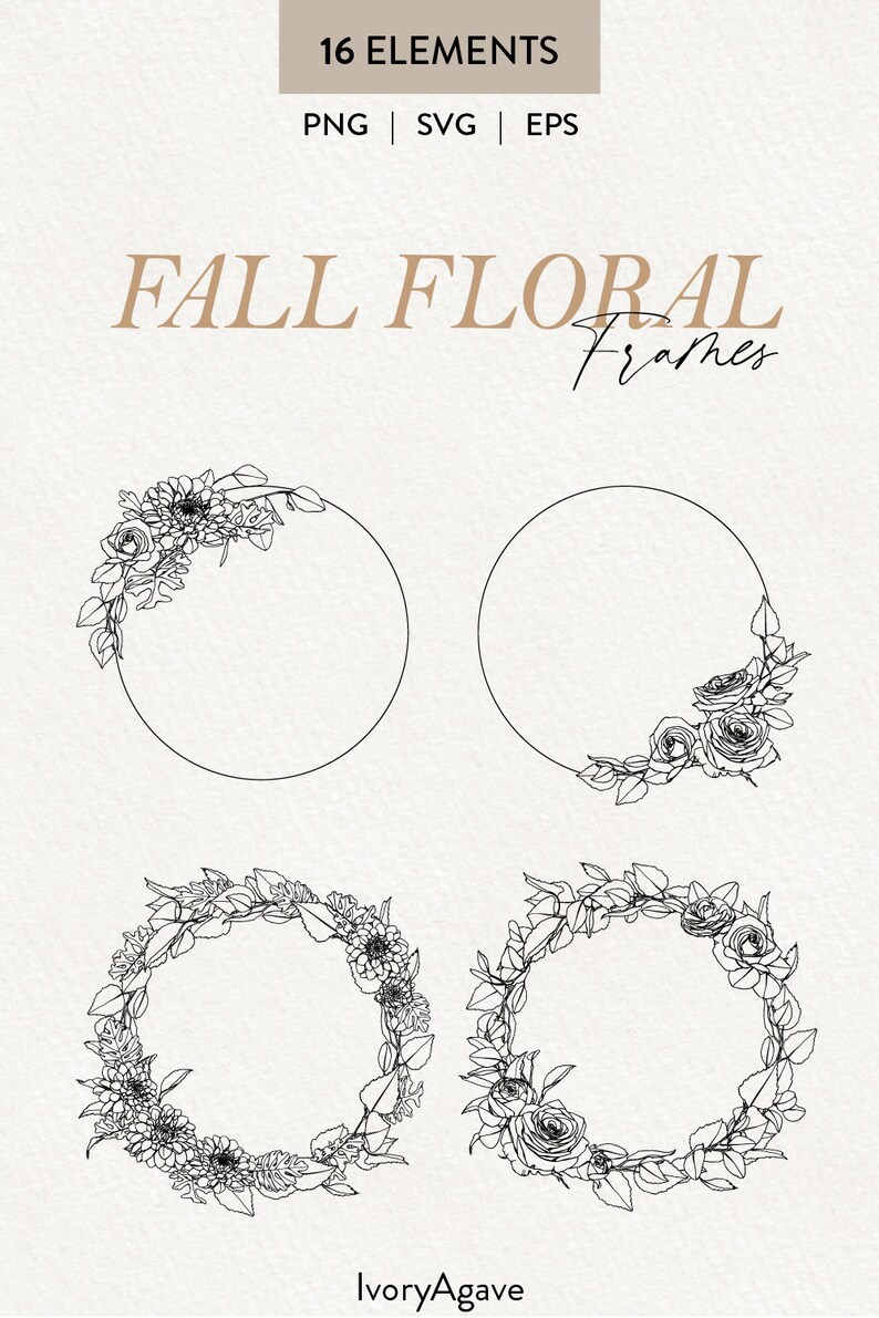Fall Floral Frames and Wreaths Handdrawn Line Art Clipart | Autumn ...