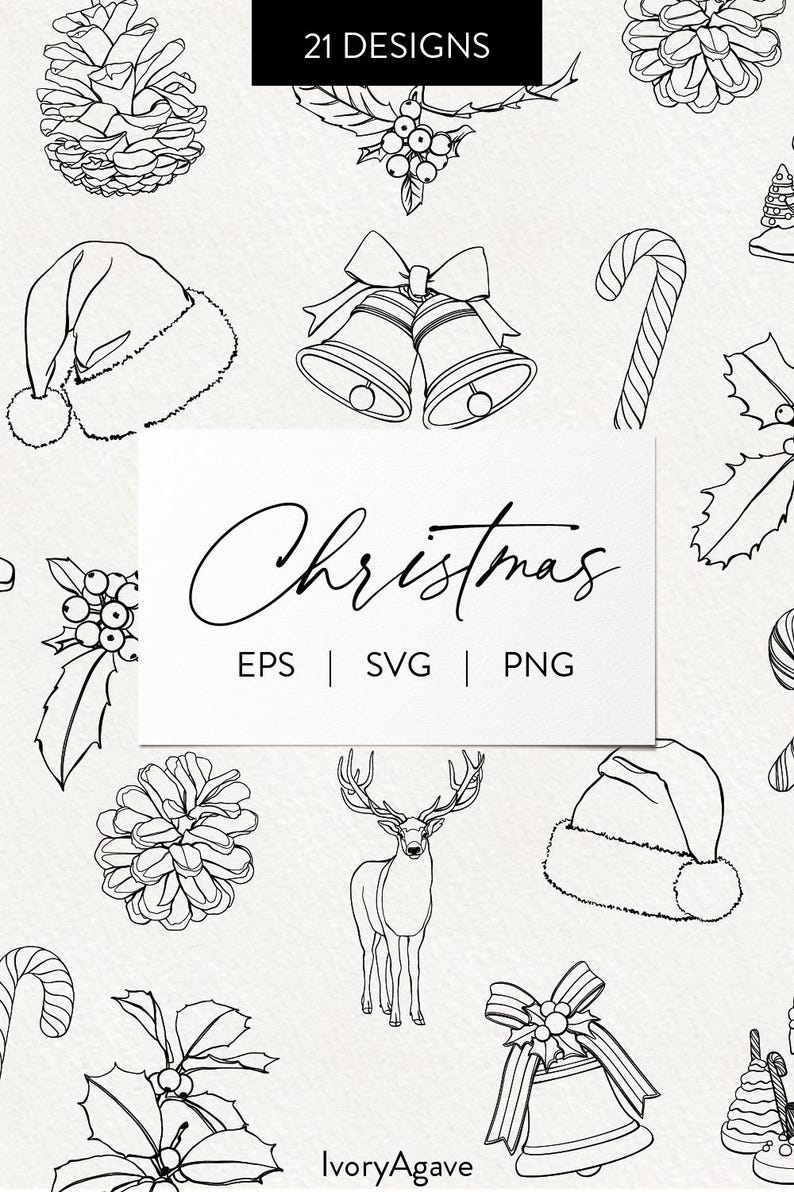 Christmas Bundle Line Art Clipart Line Drawing | Winter Holiday Hand ...