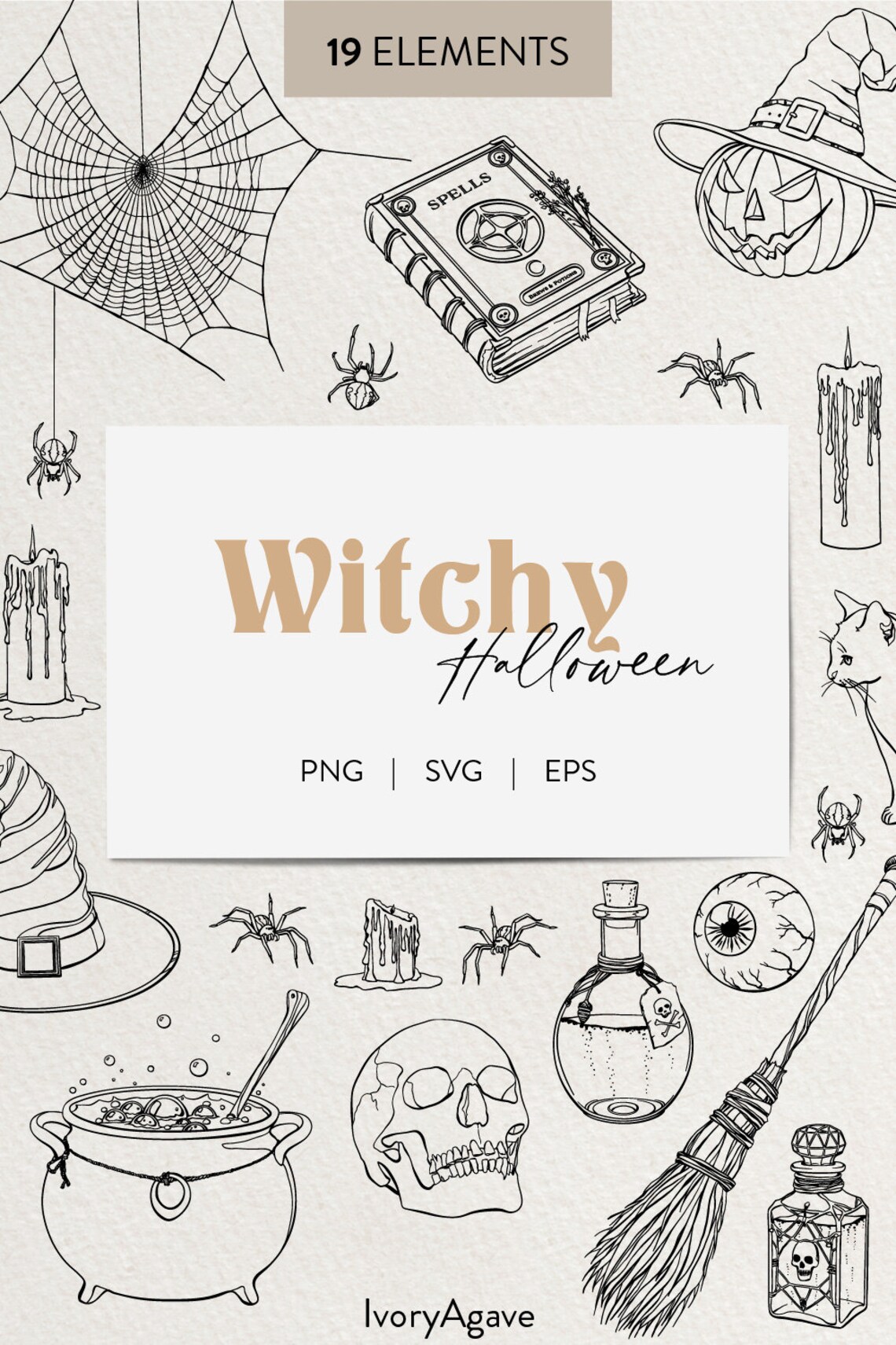 Halloween Witchy Line Art Clipart | Hand Drawn Vector | Fine Line ...