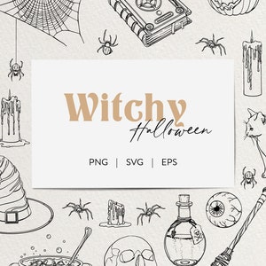 Halloween Witchy Line Art Clipart | Hand Drawn Vector | Fine Line ...