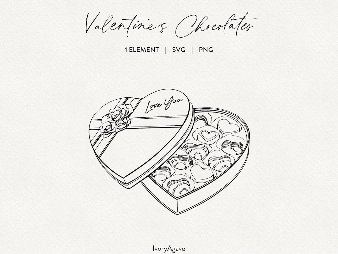 Valentine's Day Chocolates Heart Box Line Art Clipart Modern Hand Drawn ...
