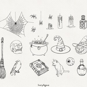 Halloween Witchy Line Art Clipart | Hand Drawn Vector | Fine Line ...