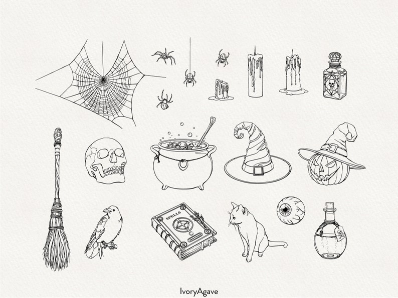 Halloween Witchy Line Art Clipart | Hand Drawn Vector | Fine Line ...
