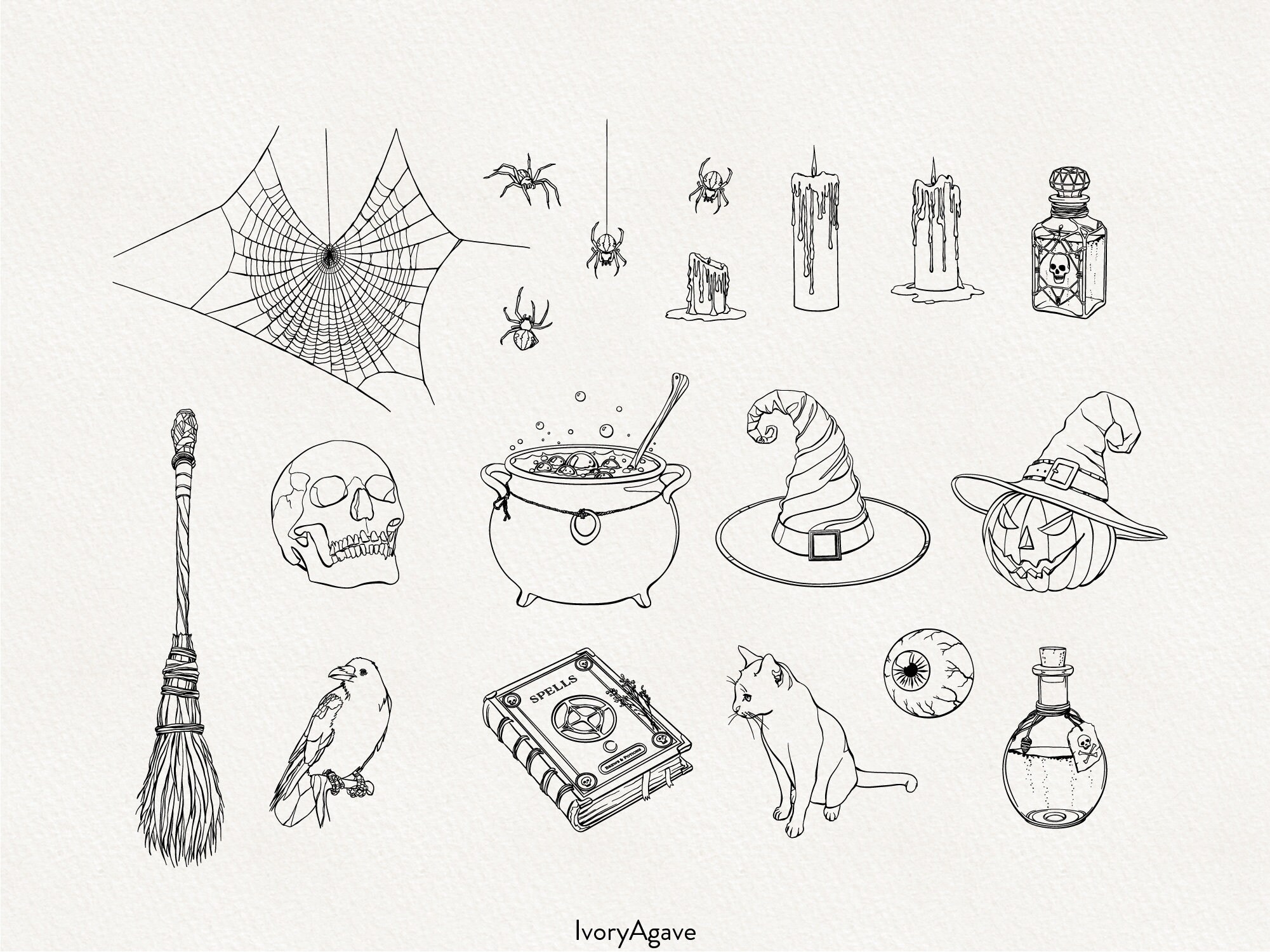 Halloween Witchy Line Art Clipart | Hand Drawn Vector | Fine Line ...