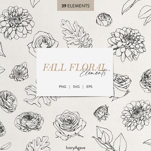Fall Floral Line Art Clipart Elements | Autumn Botanical Flowers Hand ...