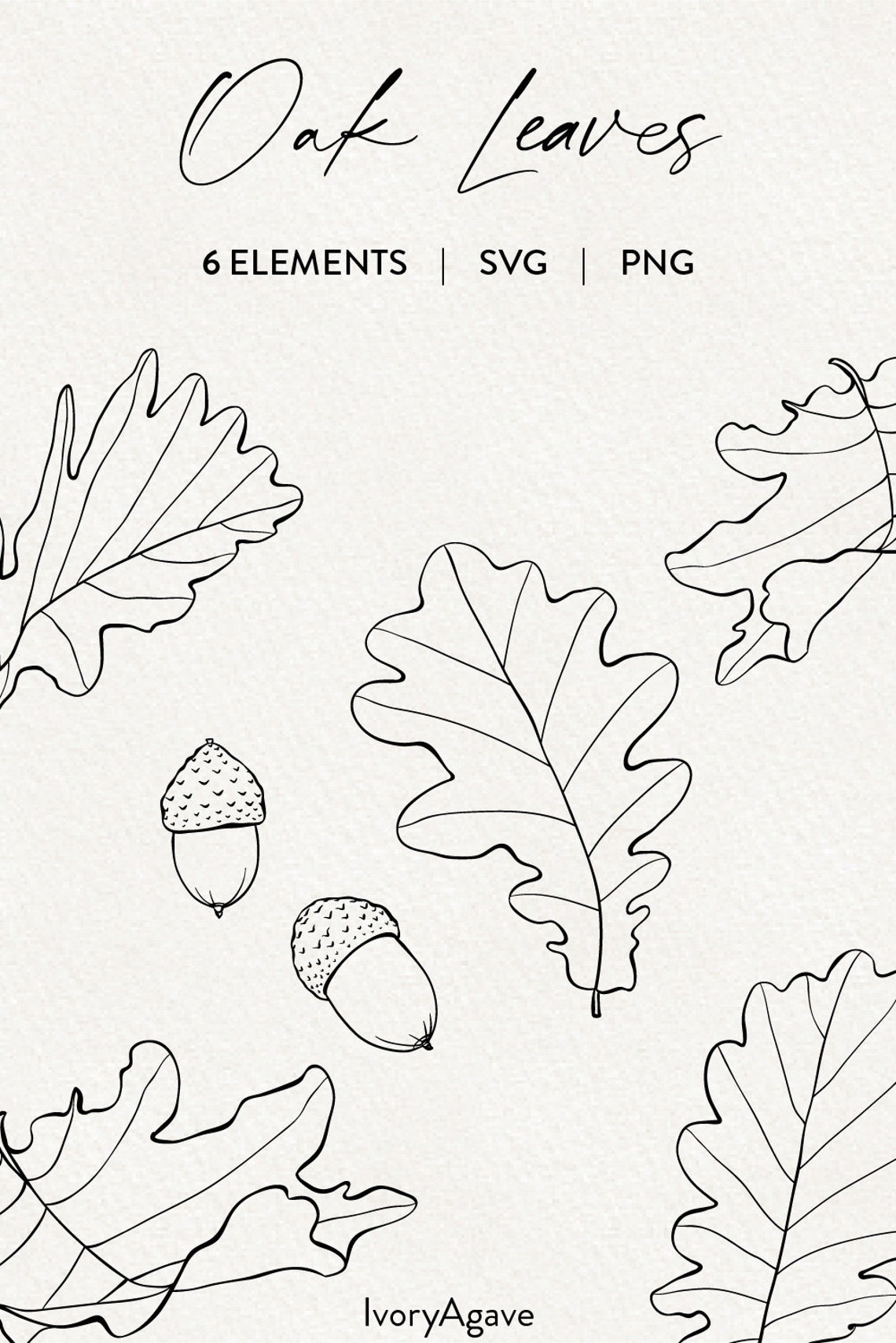Fall Foliage Oak Leaves Line Art Clipart | Hand Drawn Vector | Fine ...