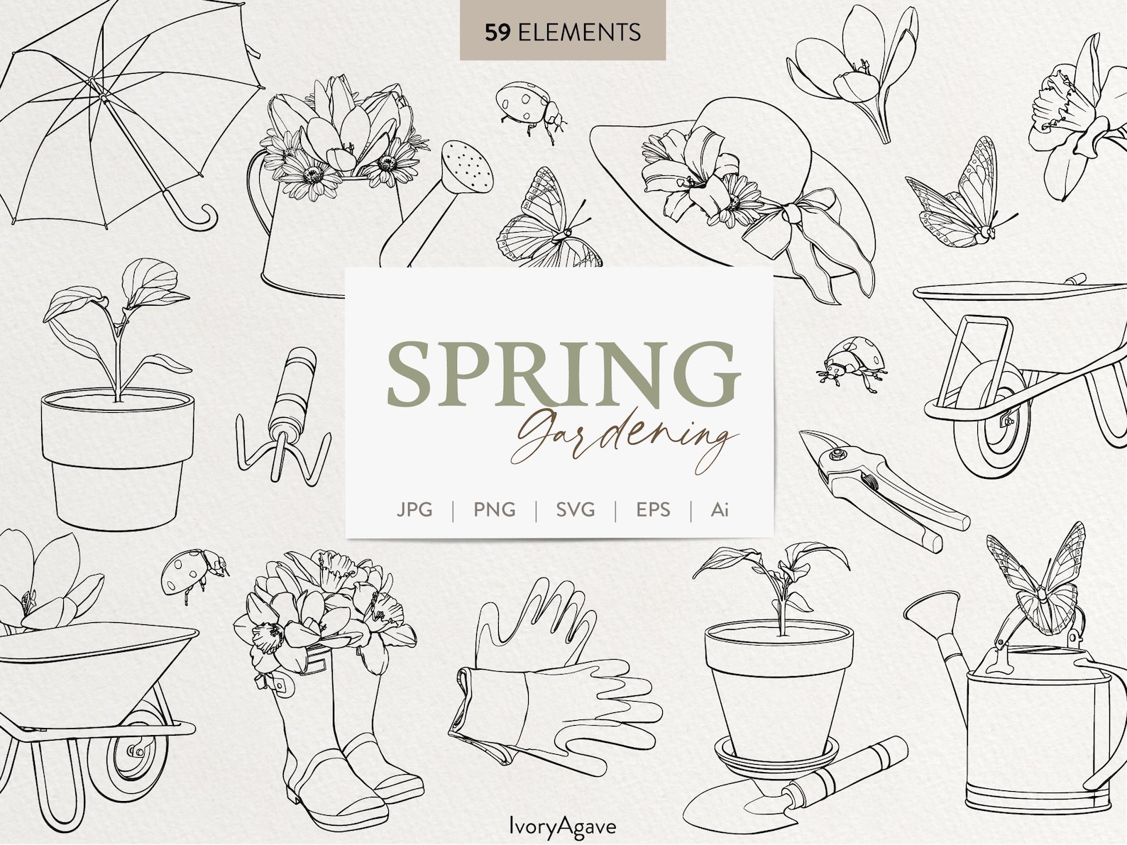 Spring Gardening Line Art Illustration Modern Graphic Spring Garden ...